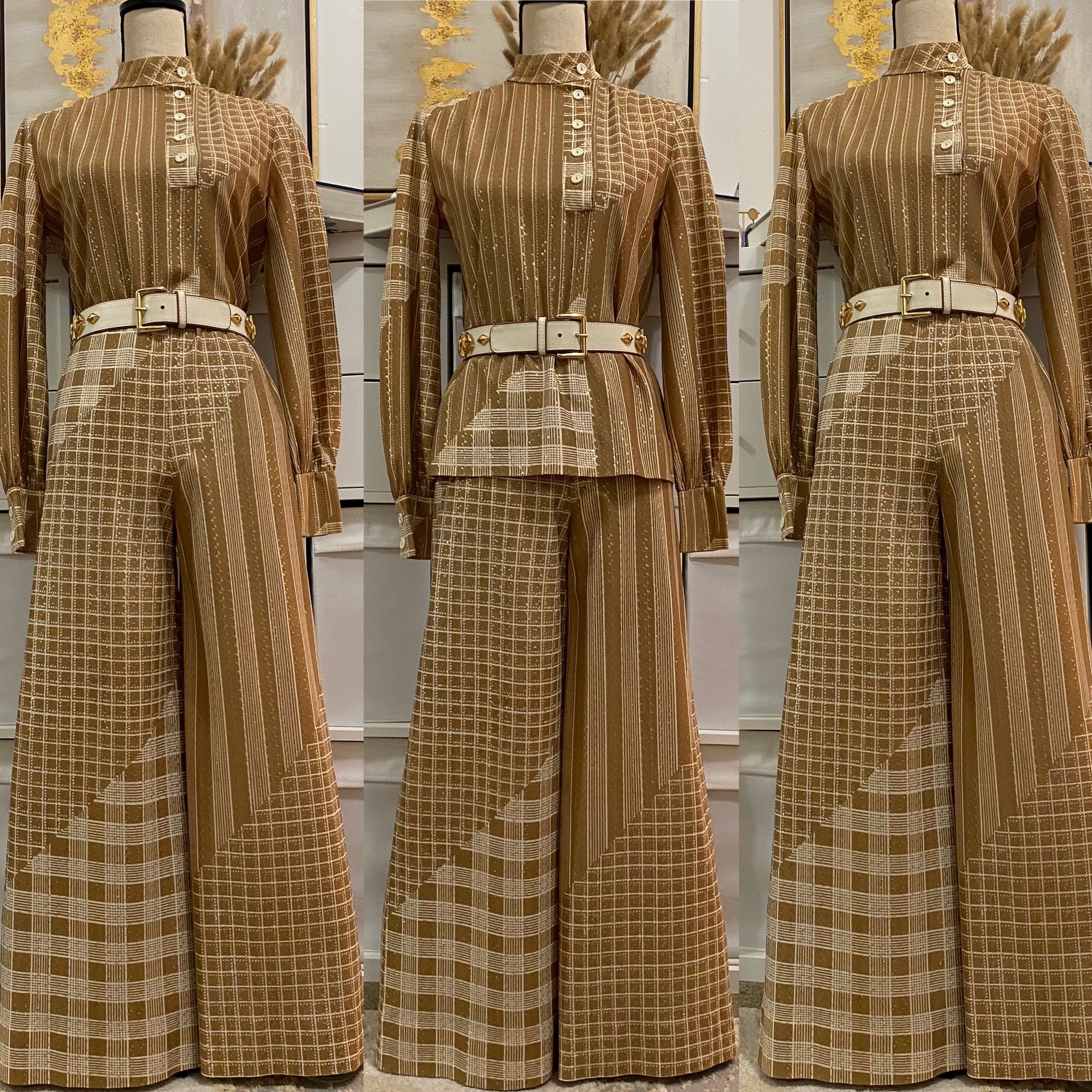60s 70s 2-piece set with gold and brown accents Huey waltzer bell bott ...